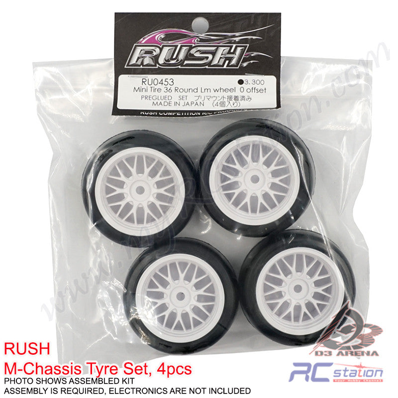 RUSH RU0453 M-CHASSIS TYRE SET MINI TIRE 36 ROUND LM 0 OFFSET PRE-GLUE ...
